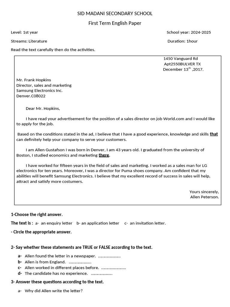 The First Term Test 1st Year | PDF