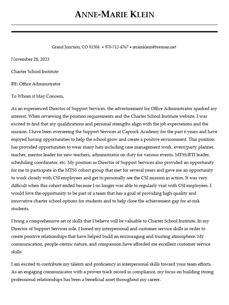 Cover Letter CSI Office Administrator | PDF | Mentorship | Social ...