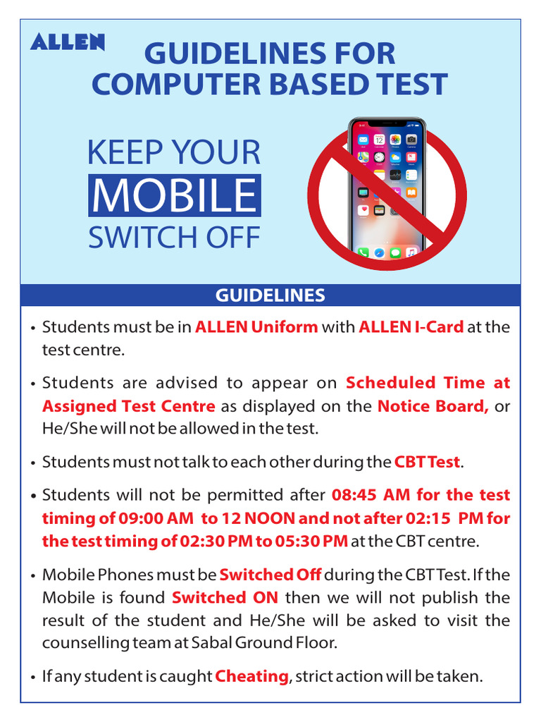 Guidelines For Computer Based Test: ALLEN Uniform ALLEN I-Card | PDF ...