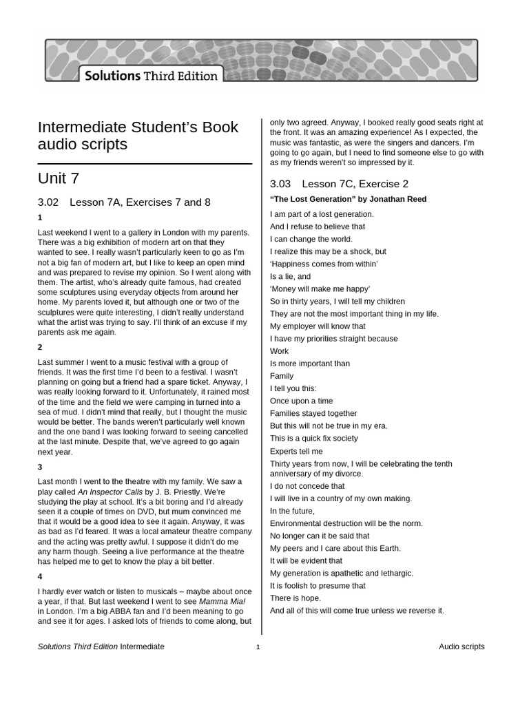 Solutions Third Edition Intermediate Students Book Unit 7 Audio Script | PDF