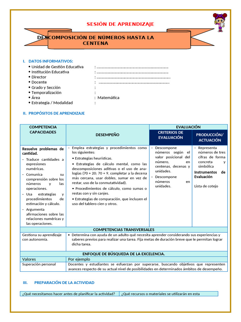 Sesion D2 Mat Descomposicion Centena | PDF | Evaluación | Aprendizaje