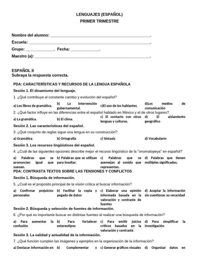 Examen de Lenguajes (Español) Primer Trimestre | PDF | Lengua española ...