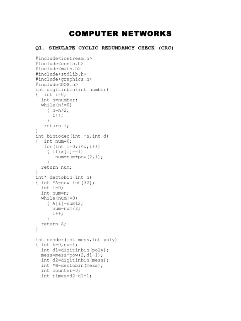 Computer Networks: Q1. Simulate Cyclic Redundancy Check (CRC) | PDF ...