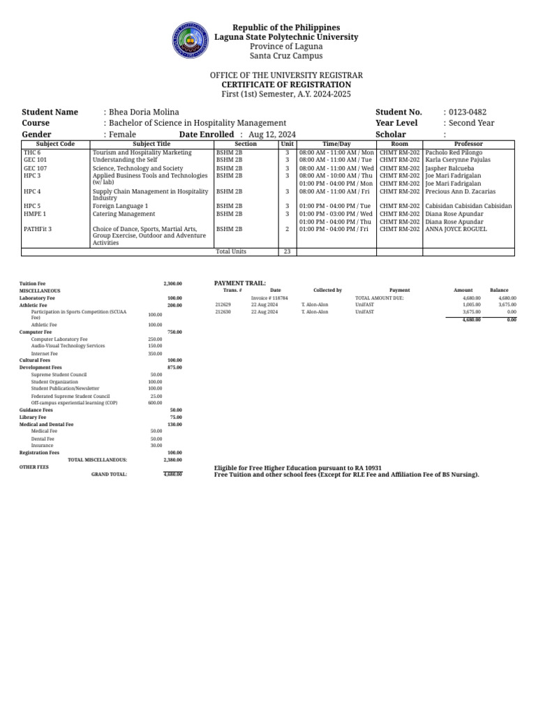 Certificate of Registration: BSHM 2nd Year | PDF