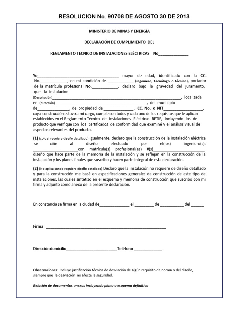 Declaracion de Cumplimiento Del RETIE | PDF