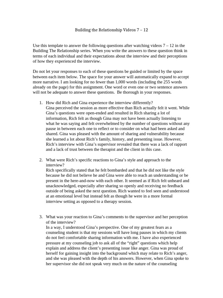 Building The Relationship Questions Videos 7-12 | PDF | Psychotherapy ...