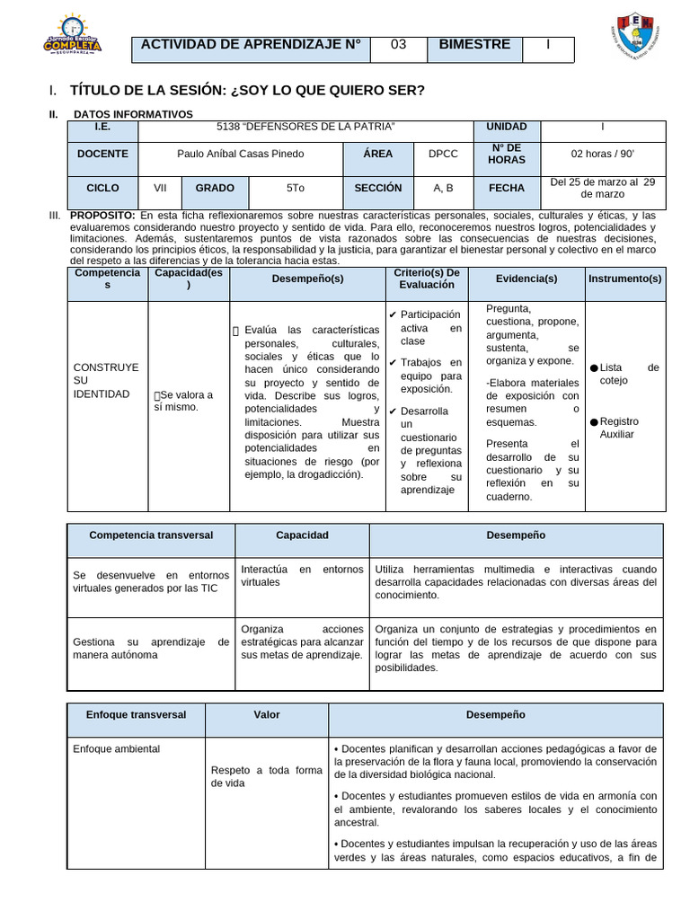 Actividad de Apredizaje 03 DPCC 5to Sec | PDF | Aprendizaje | Enseñando