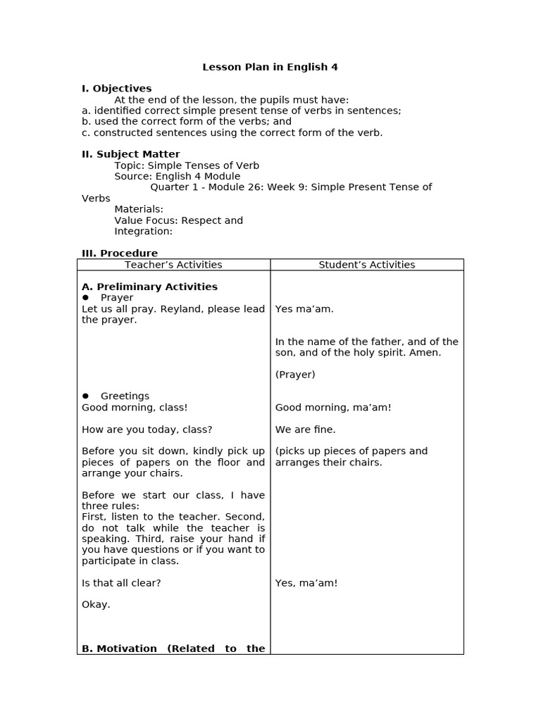 Lesson Plan in English 4 | PDF