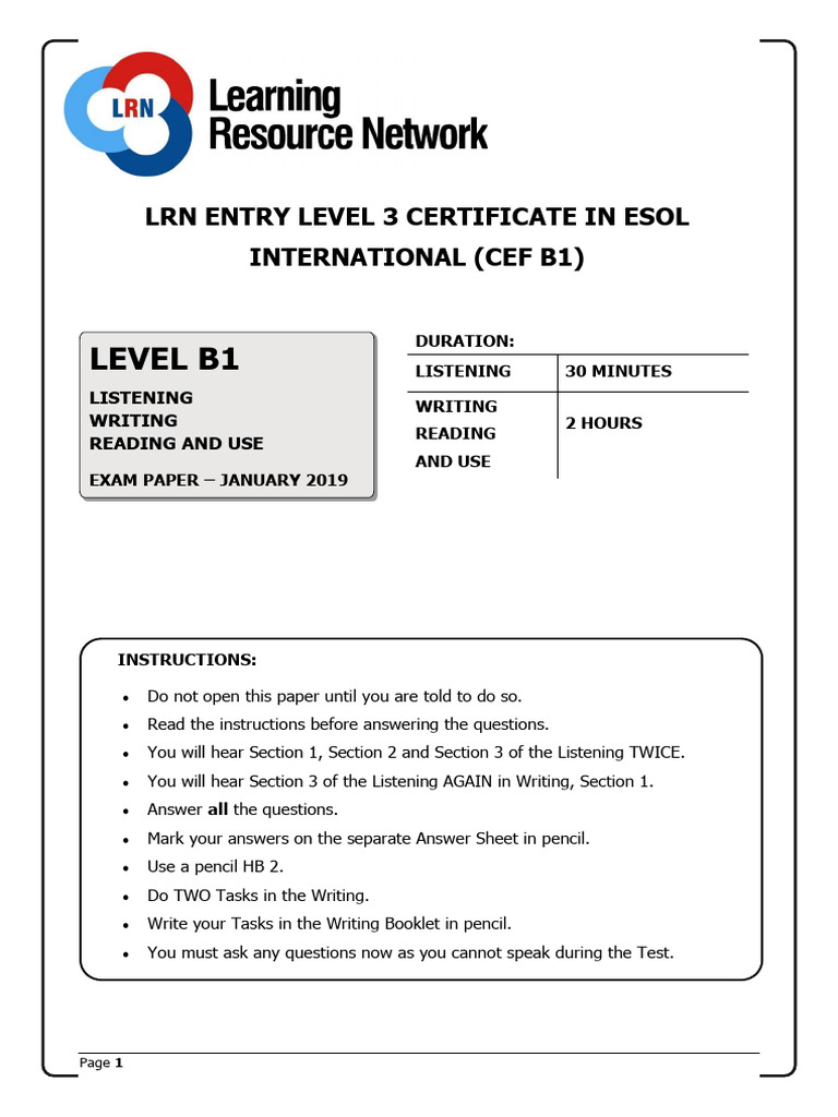 LRN January 2019 Level B1 Past Paper | PDF | Potato Chip