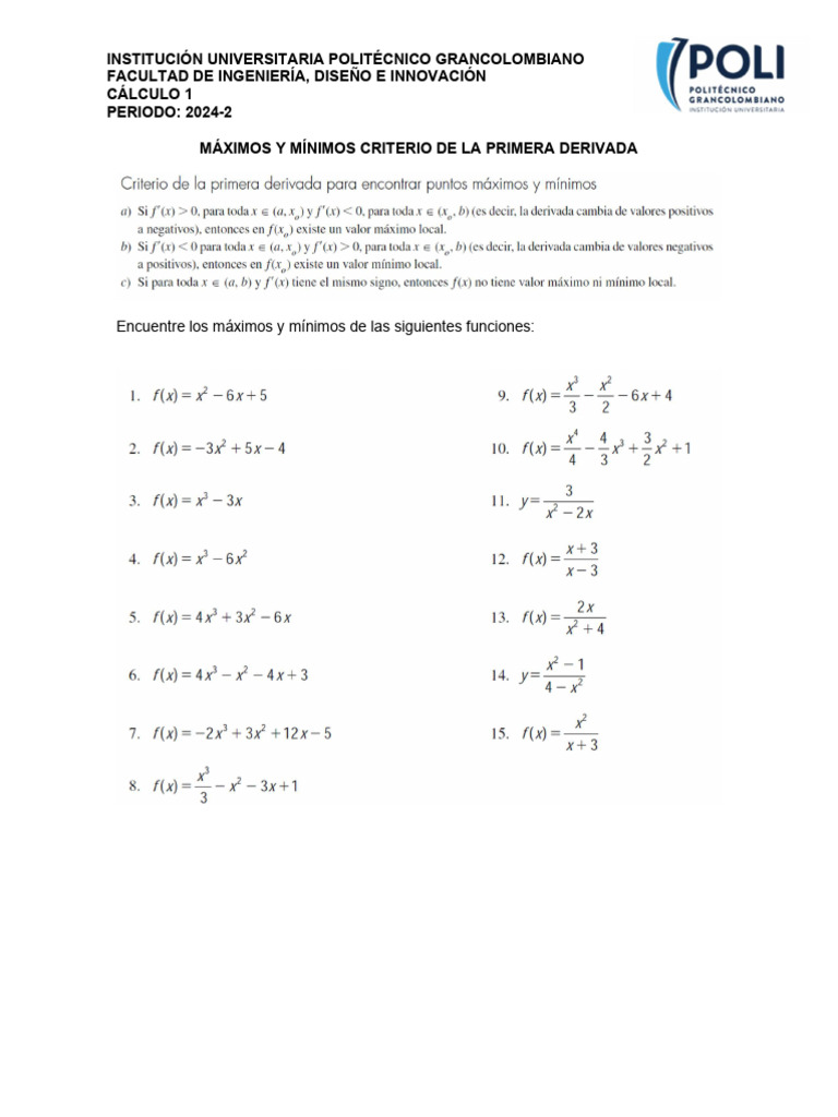 Taller Máximos y Mínimos Criterio Primera Derivada | PDF