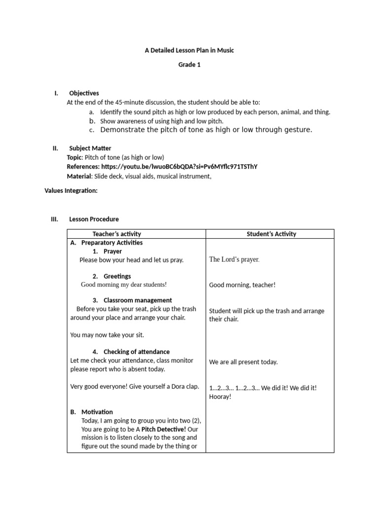 Grade 1 Pitch Lesson Plan | PDF | Pitch (Music) | Lesson Plan