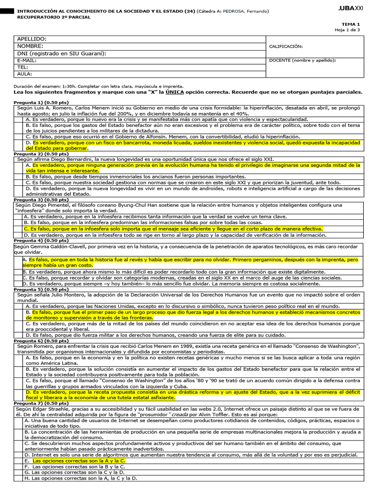 Recuperatorio Segundo Parcial - TEMA 1 CLAVES DE CORRECCION | PDF