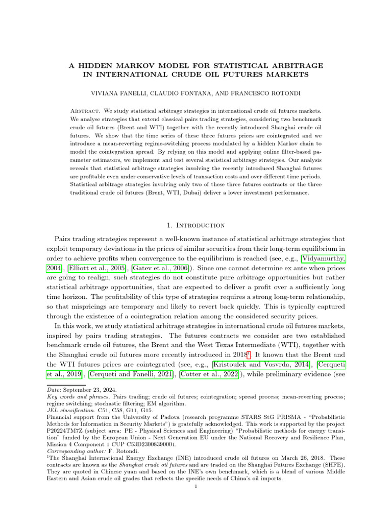 A Hidden Markov Model For Statistical Arbitrage in International Crude Oil Futures Markets | PDF ...