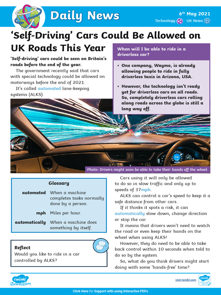 1a. Daily Story - Self Driving Cars On UK Motorways - LKS2 (7-9) | PDF ...