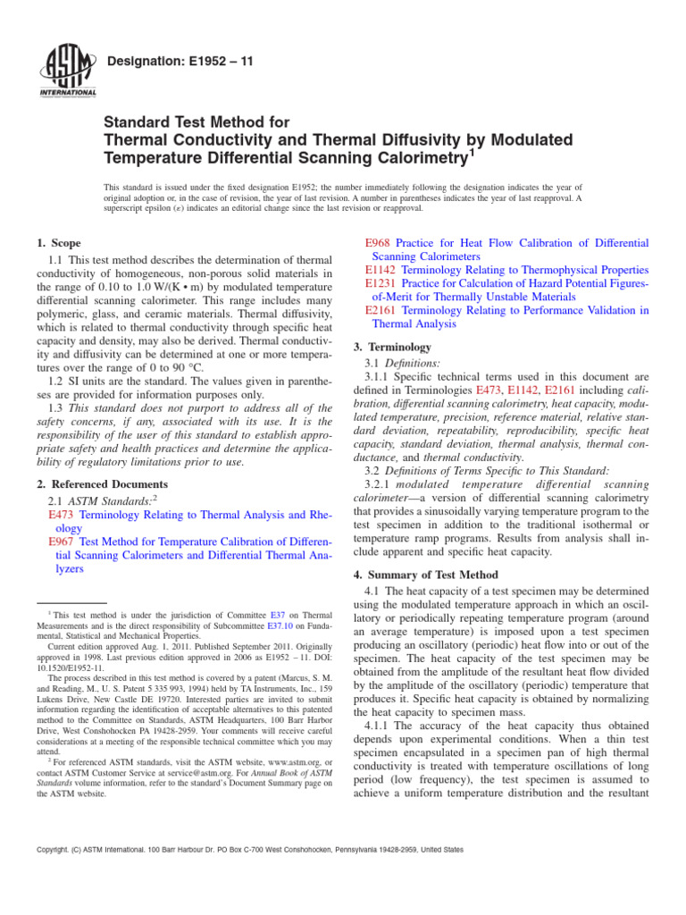 ASTM E1952_11 | PDF | Differential Scanning Calorimetry | Heat
