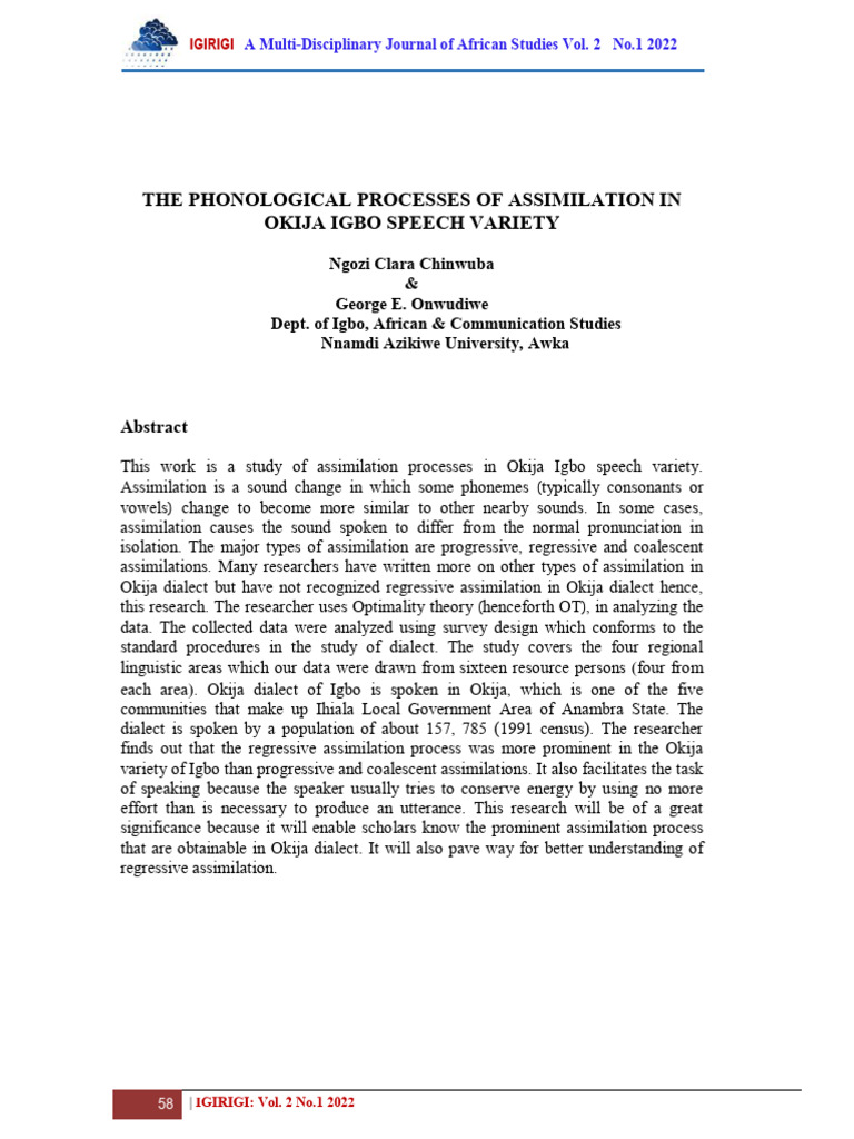 The Phonological Processes of Assimilation in Okija Igbo Speech Variety ...