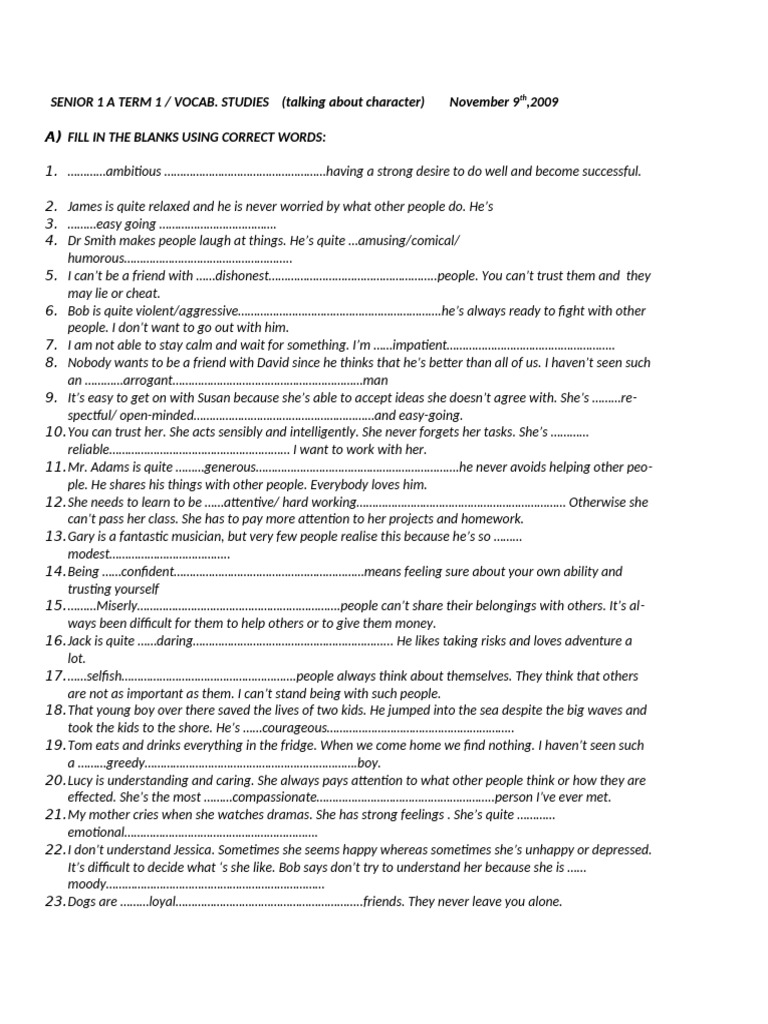 Character Vocabulary Study Guide | PDF