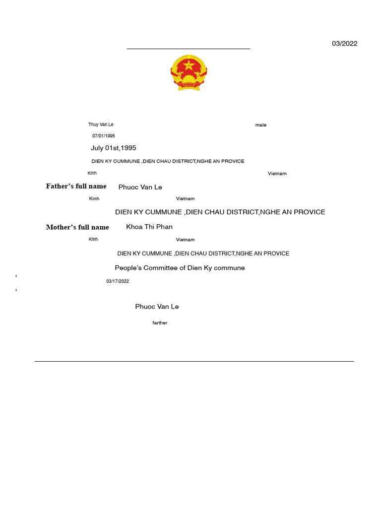 Vietnamese Birth Certificate | PDF | Vietnam