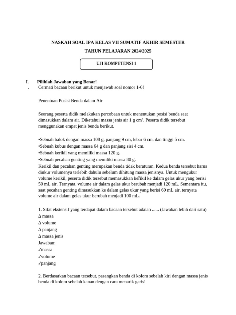 Naskah Soal Ipa Vii 2024 2025 | PDF