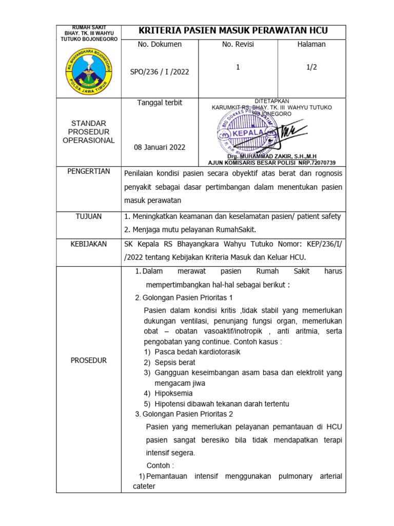 2.spo Kriteria Pasien Masuk Perawatan Hcu | PDF