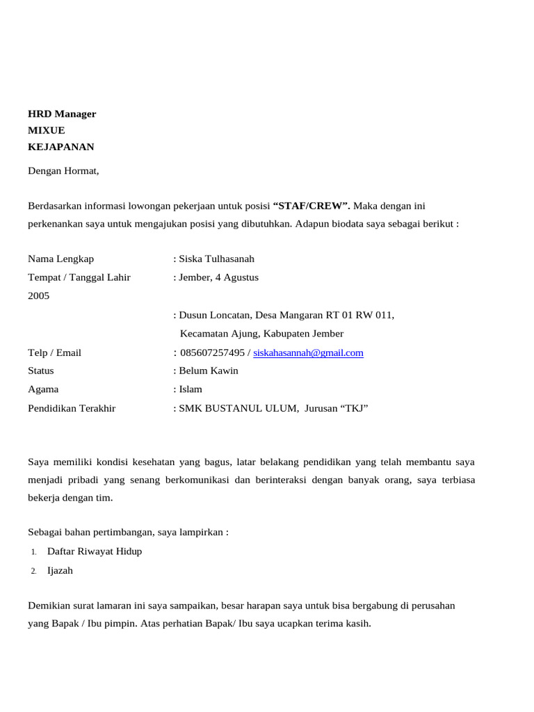 Lamaran Kerja Staf/Crew Mixue Jember | PDF | Pengembangan Diri ...
