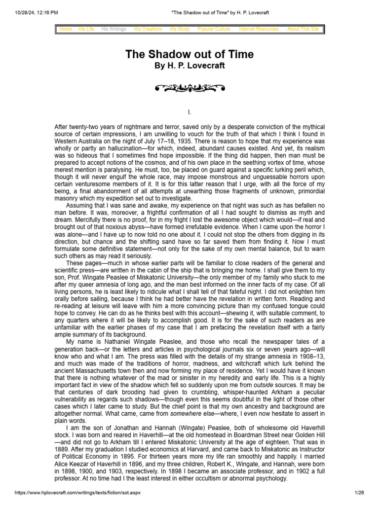 H.P. Lovecraft's "The Shadow out of Time" | PDF | Dream