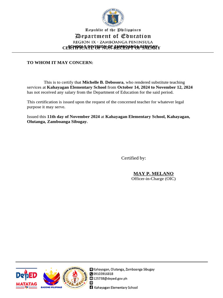 CERTIFICATE OF NONe Receipt of Salary | PDF