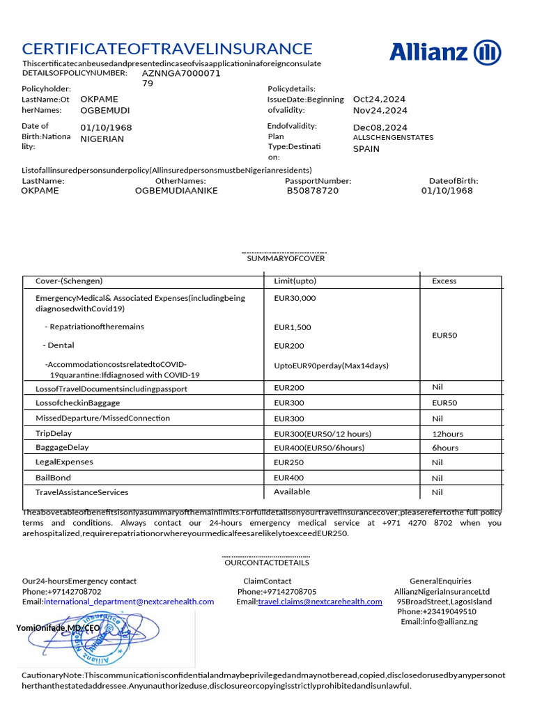Travel Insurance Certificate for Schengen Visa | PDF