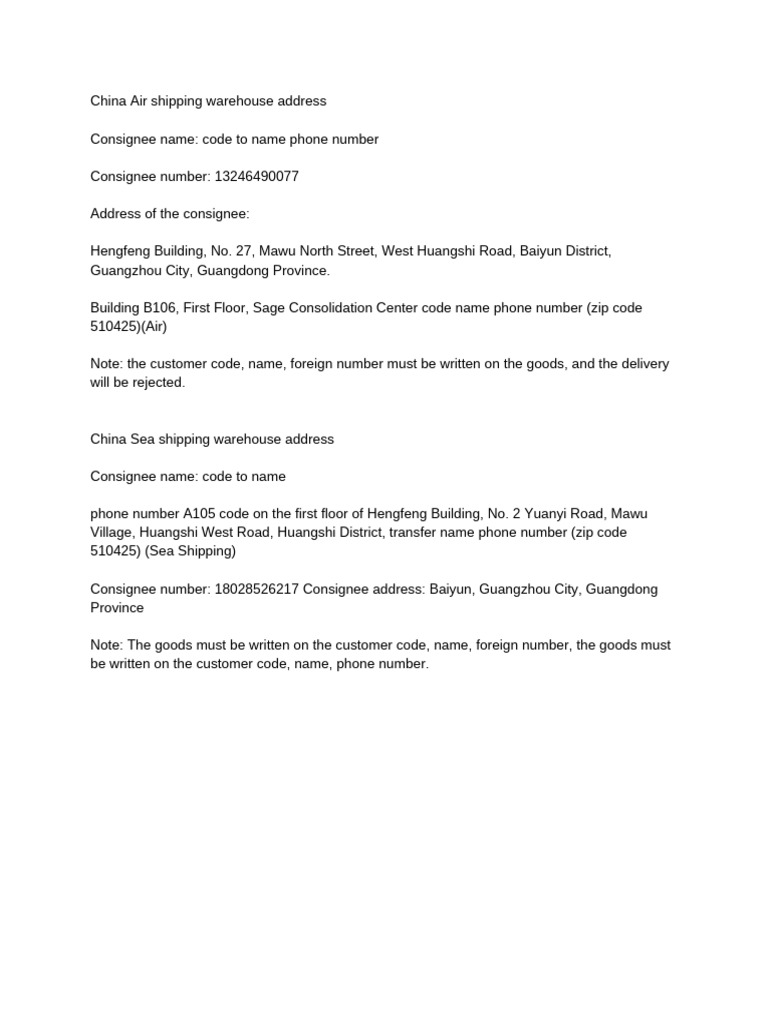 Skyjet Shipping Warehouse Addresses | PDF | Finance & Money Management ...