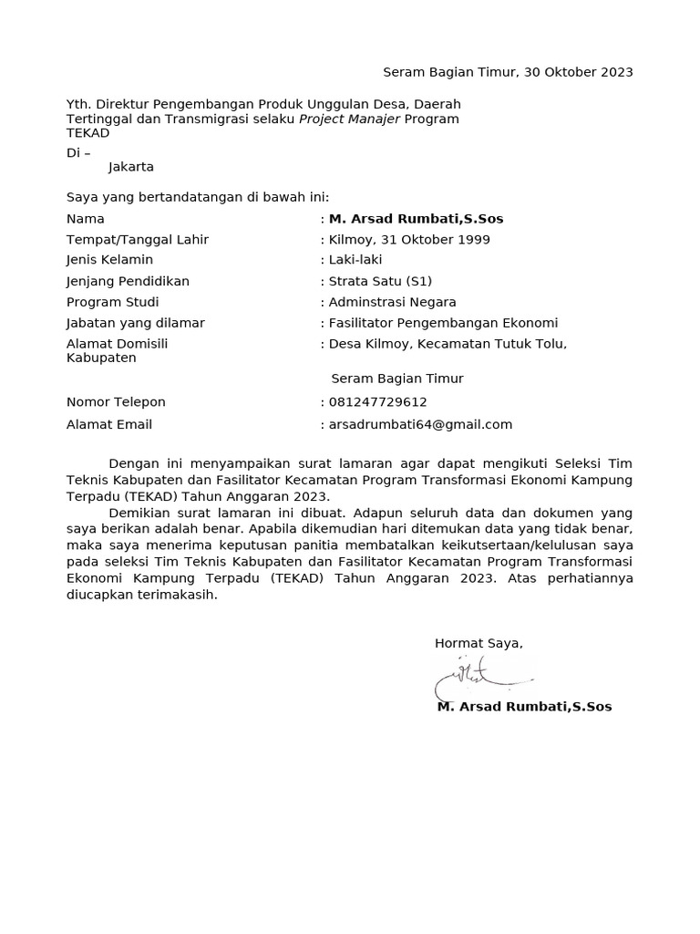 Surat Lamaran Seleksi Tekad 2023 Nuzul | PDF | Ilmu Sosial