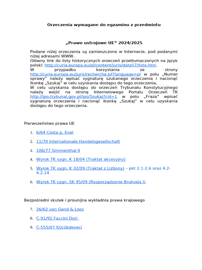 Orzeczenia Wymagane Do Egzaminu Z Przedmiotu | PDF