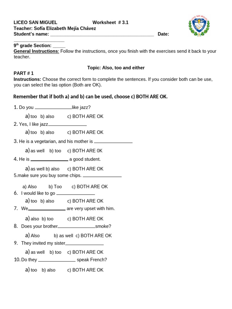 Worksheet Also, Too and Either | PDF | Sports & Recreation | Language ...