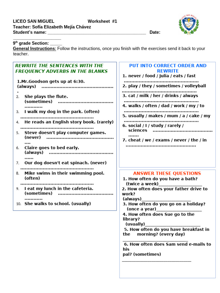 Worksheet Frequency Adverbs Pdf Wellness