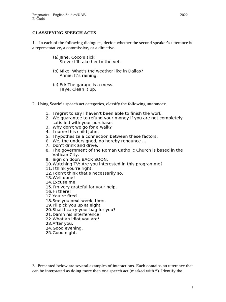 SAT - Handout - 2 - Classifying Speech Acts | PDF | Human Communication | Linguistics
