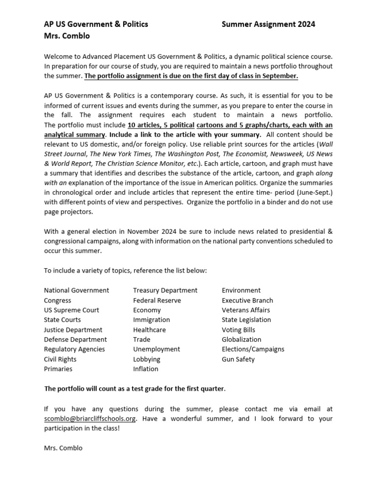 AP US Government Politics Summer Assignment 2024 | PDF | Federal ...