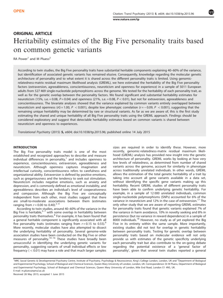Heritability Estimates of The Big Five Personality Traits Based | PDF ...