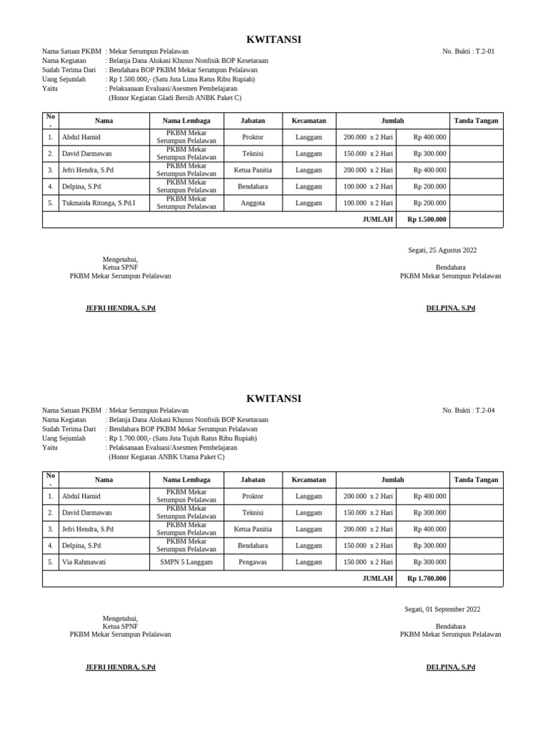 Kwitansi BOP PKBM Mekar 2022 | PDF
