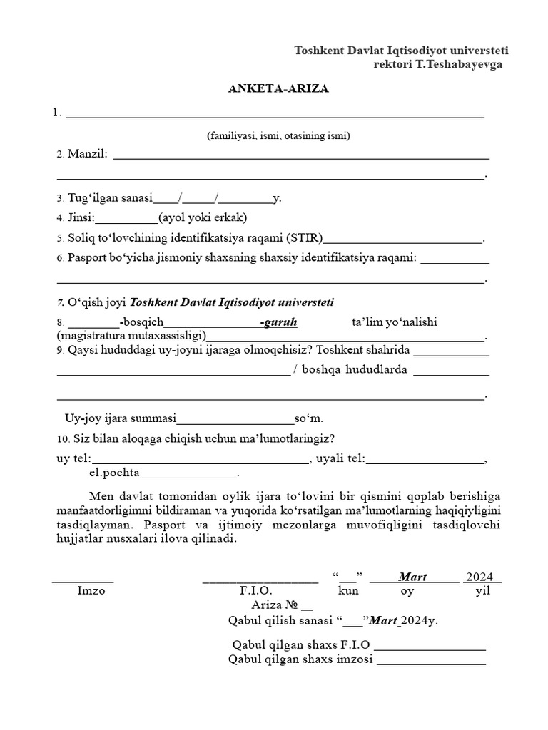 Ижара - Anketa -Ariza | PDF