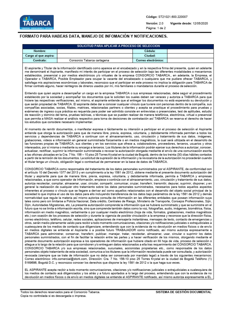 Formato Habeas Data y Selección | PDF | Información | Gestión de registros