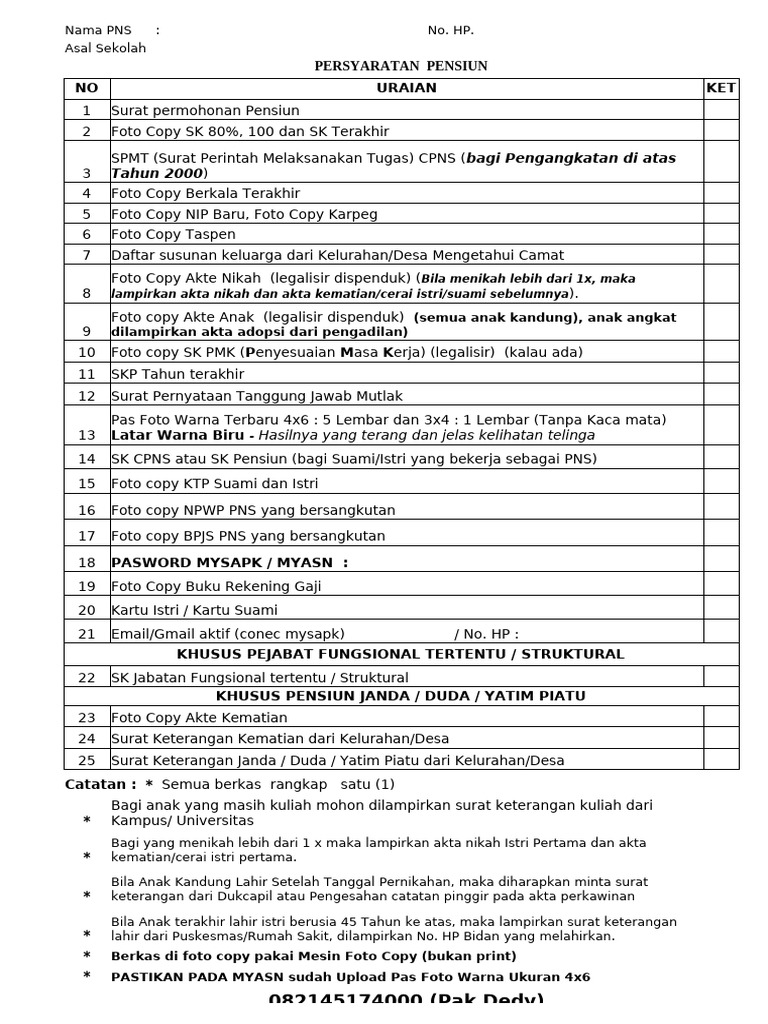 Persyaratan Pensiun PNS Dan Guru 1 Lembar | PDF