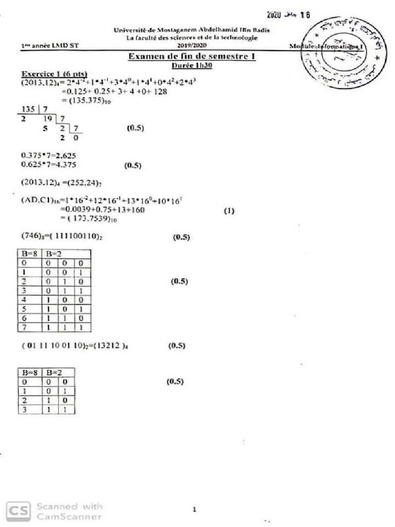 Examen Corrigé D'informatique 1-S1-, Univ Blida 2020 | PDF