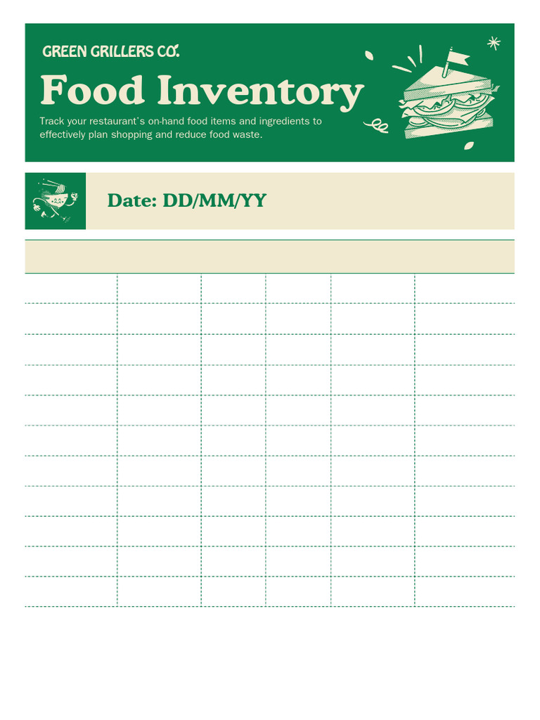 Food & Restaurant Inventory Doc in Green Cream Bold Nostalgia Style ...