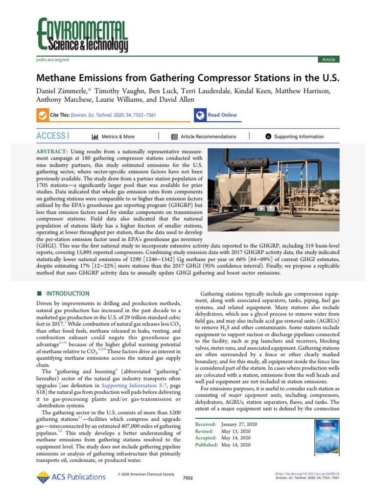 Zimmerle Et Al 2020 Methane Emissions From Gathering Compressor ...