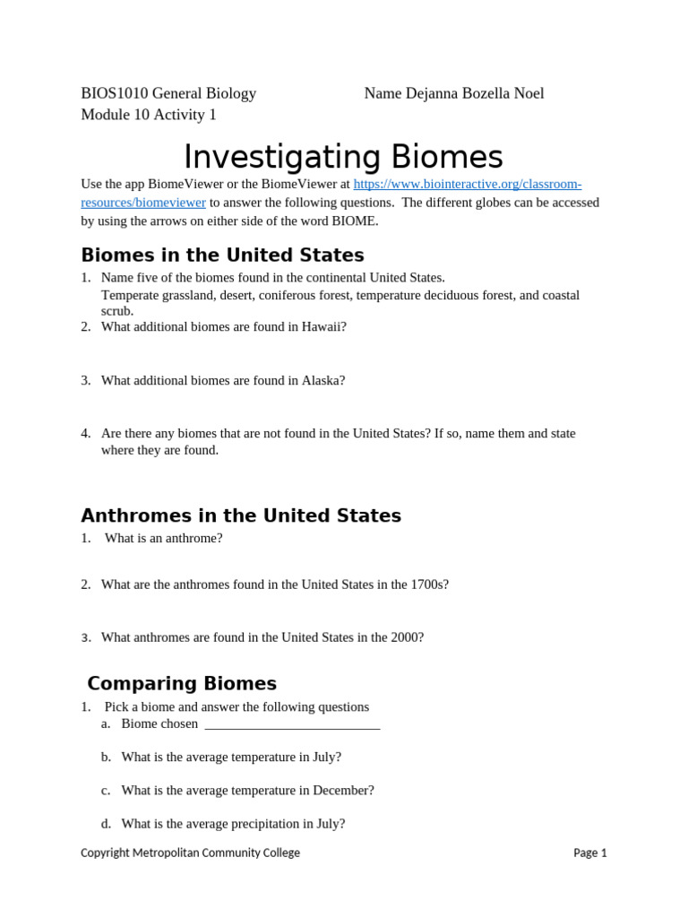 Module 10 Activity 1 Investigating Biomes | PDF | Precipitation | Forests
