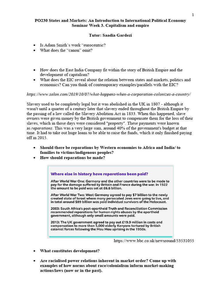 Handout Week 3 - Capitalism and Empire | PDF
