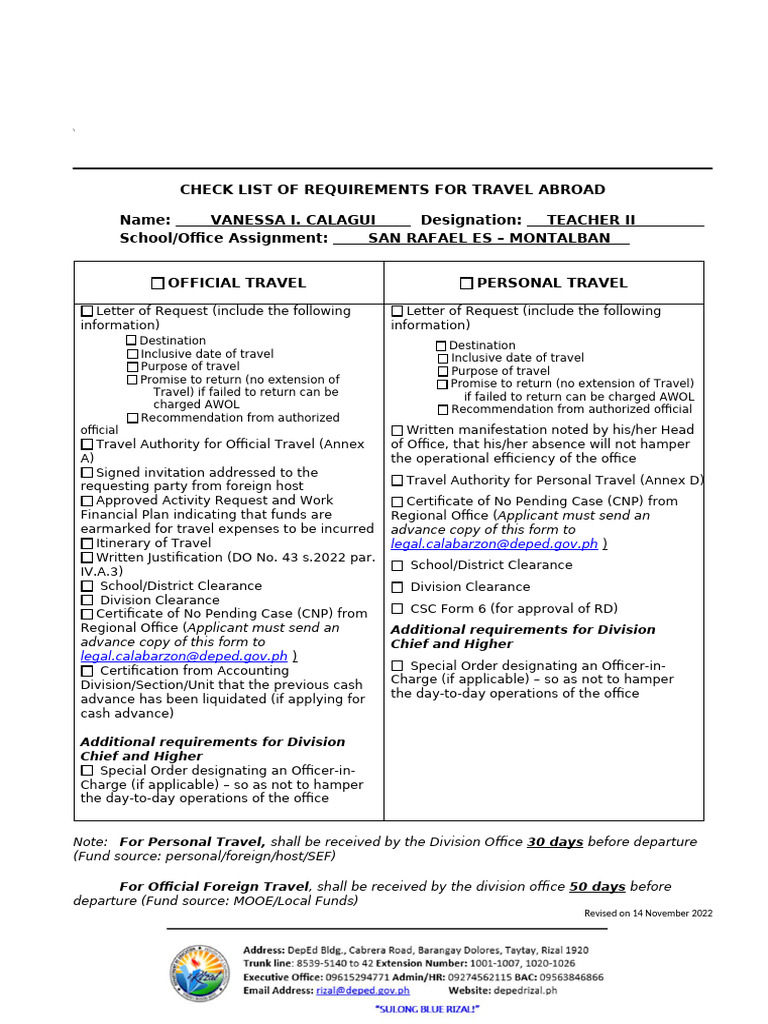 TRAVEL ABROAD Checklist Revised Nov 2022 | PDF