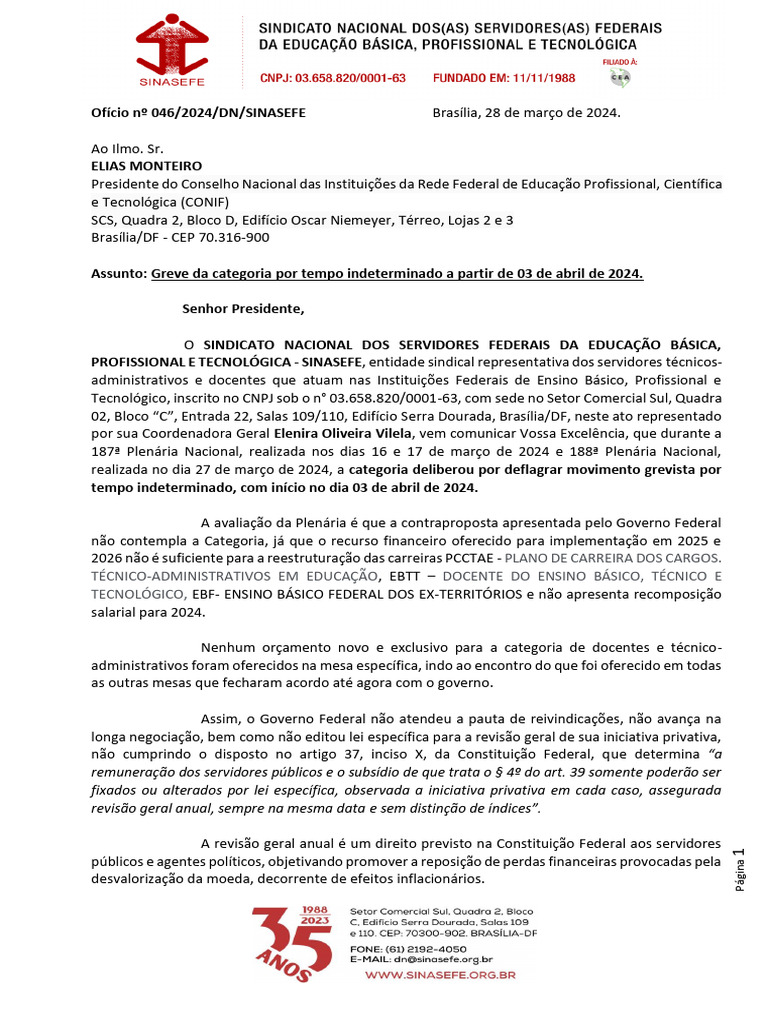 Oficio 046 2024 Conif Sinasefe Greve | PDF | Sindicato | Economias