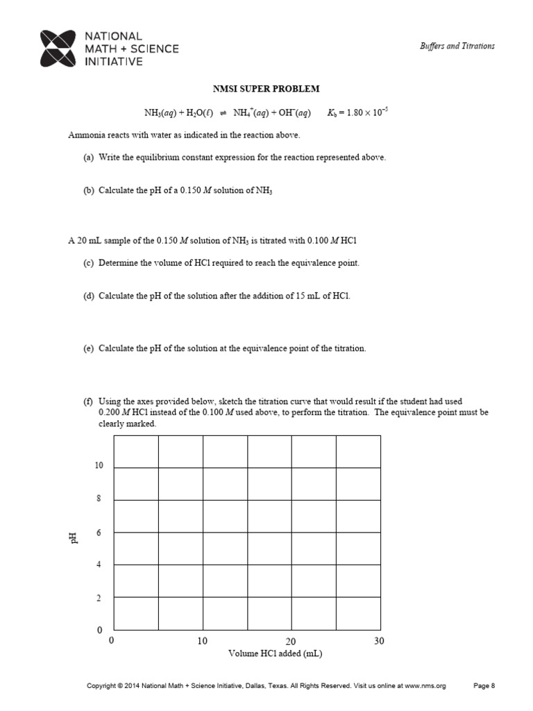 NMSI Buffers and Titrations Super Problem Acid Base Equilibria | PDF | Ph | Titration