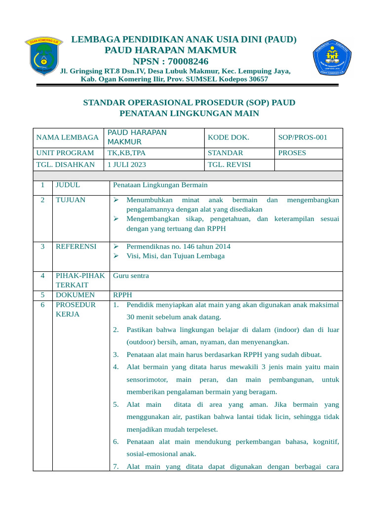 Sop Pembelajaran Paud Harapan Makmur | PDF