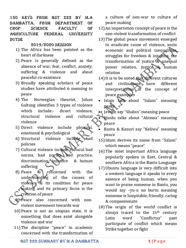 GST 222 Summary by M.A Dambatta | PDF | Mediation | Peace